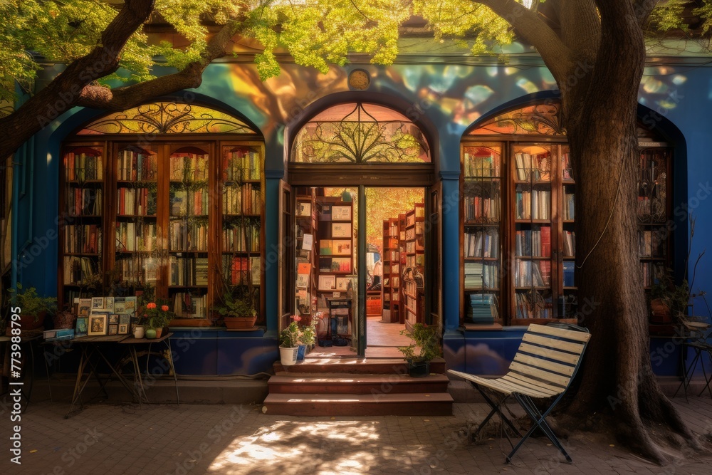 Charming bookshop front with inviting open door, dappled sunlight ...