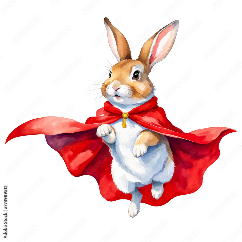 Bunny rabbit wearing a red cape, flying through the sky, watercolor ...