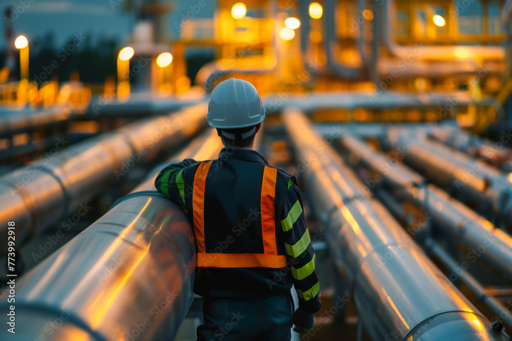 Back view of engineer wearing safety clothes and hardhat at Pipeline ...