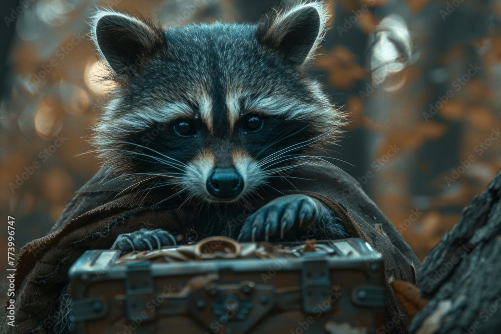 Raccoon Bandit Unlocking Treasure Chest in Moonlit Forest Stock Photo ...