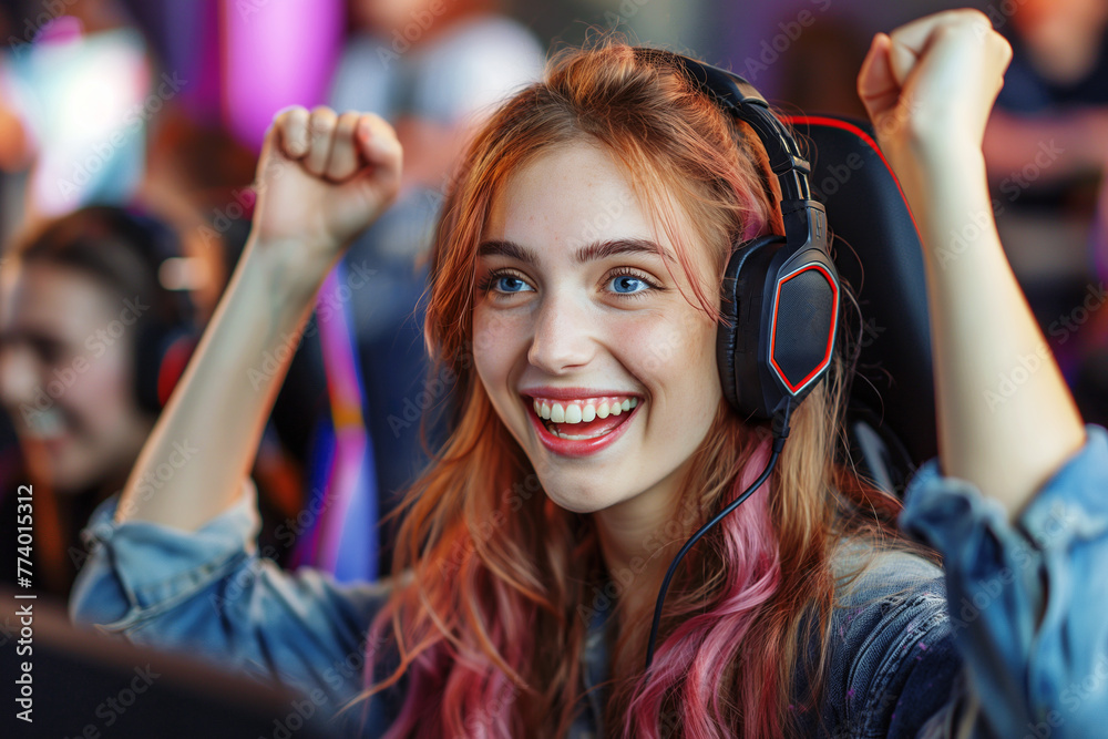 happy teenage girl esports gamer smiles and joy at winning team esports ...