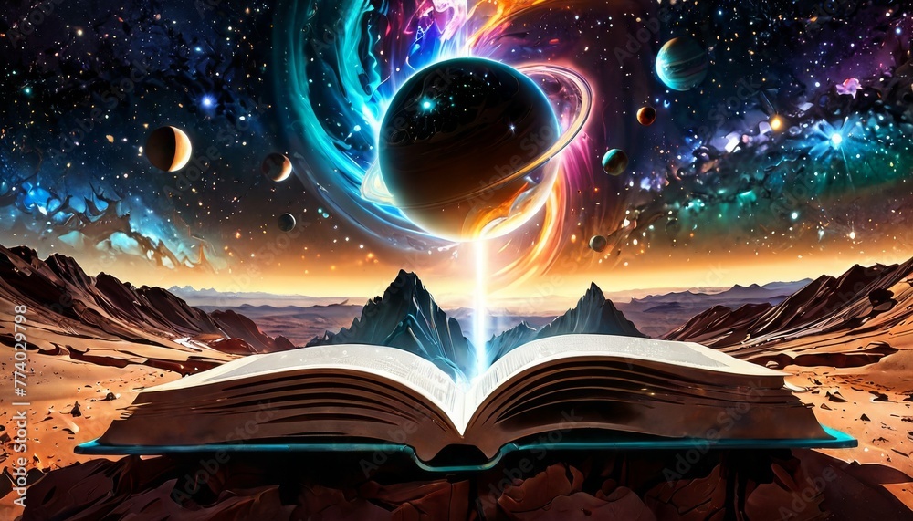 A cosmic phenomenon emerges from an open book in the desert, where ...