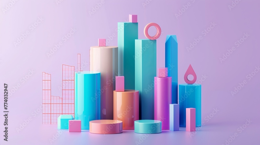 3D render icon 3D bar chart with different sections representing ...