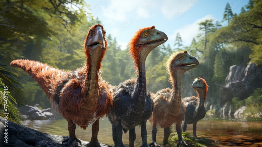 Four dinosaurs standing in a river, one of which is a Tyrannosaurus Rex ...