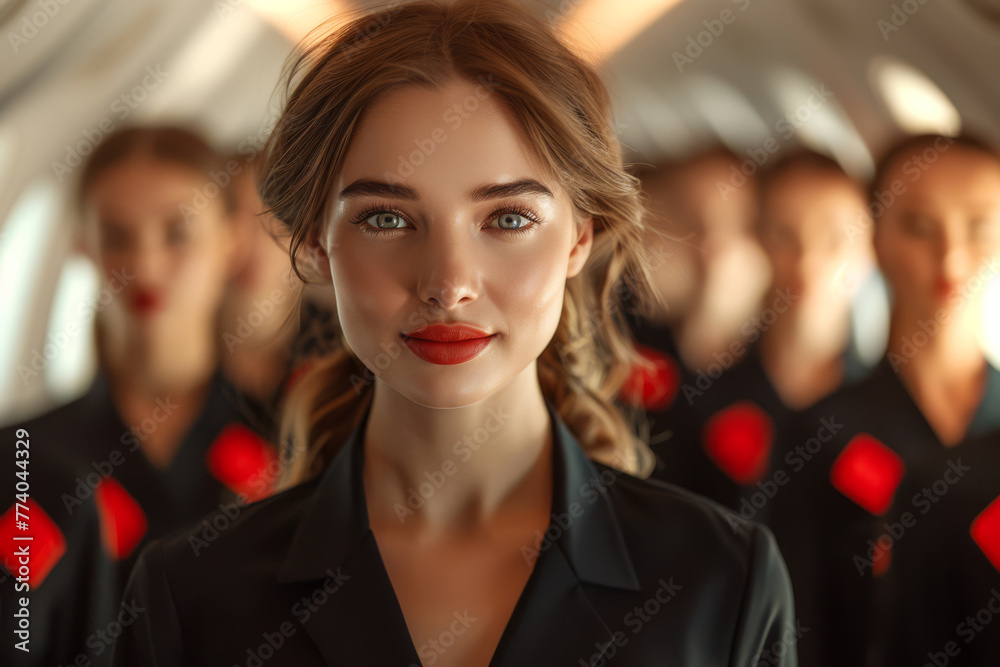 Female flight attendants clad in uniforms gather inside a contemporary ...