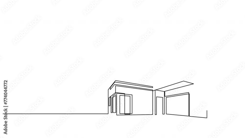 Self drawing animation of modern flat roof house drawn by continuous ...