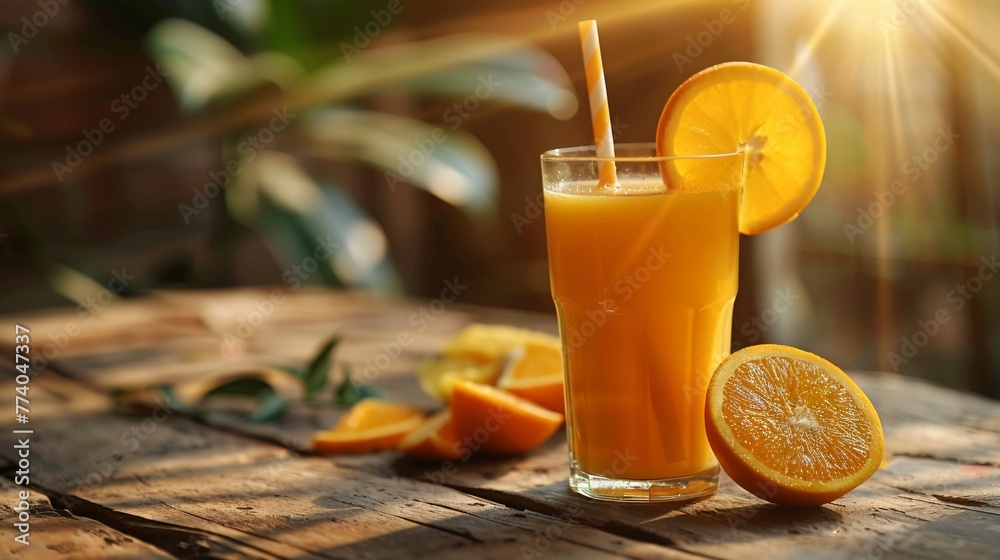 Fortified orange juice, glass and pitcher, bright morning, high angle ...