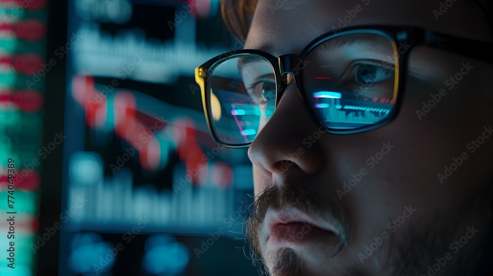 Businessman trader wearing eyeglasses working looking at laptop computer screen reflecting in ...
