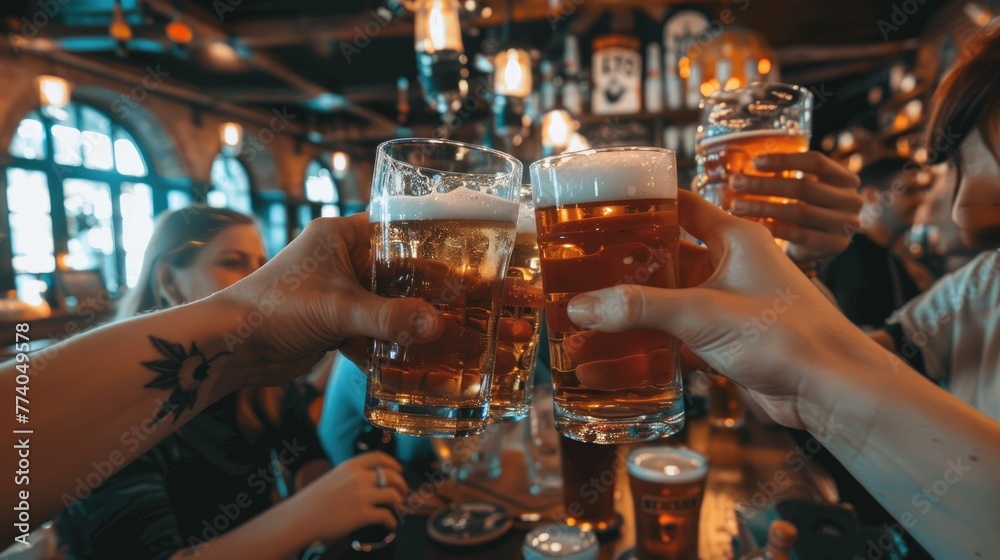 Friends clinking glasses with assorted beers in pub for celebration ...