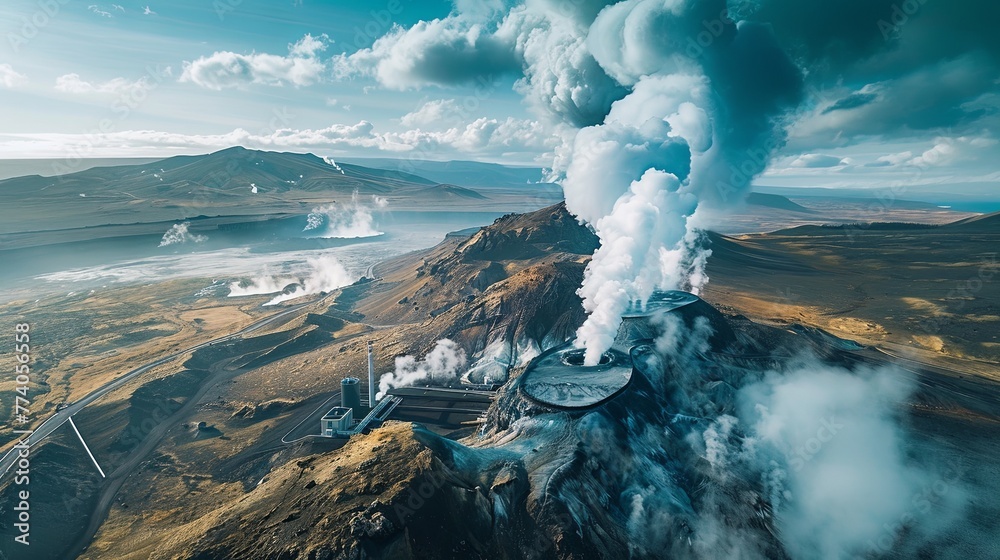 A panoramic shot of a geothermal power plant nestled in a geologically ...