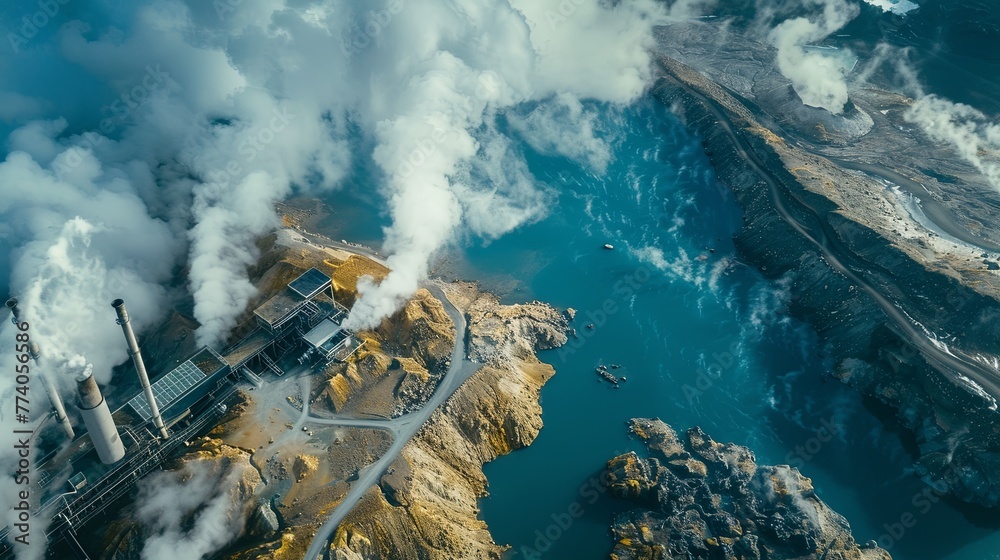 A panoramic shot of a geothermal power plant nestled in a geologically ...