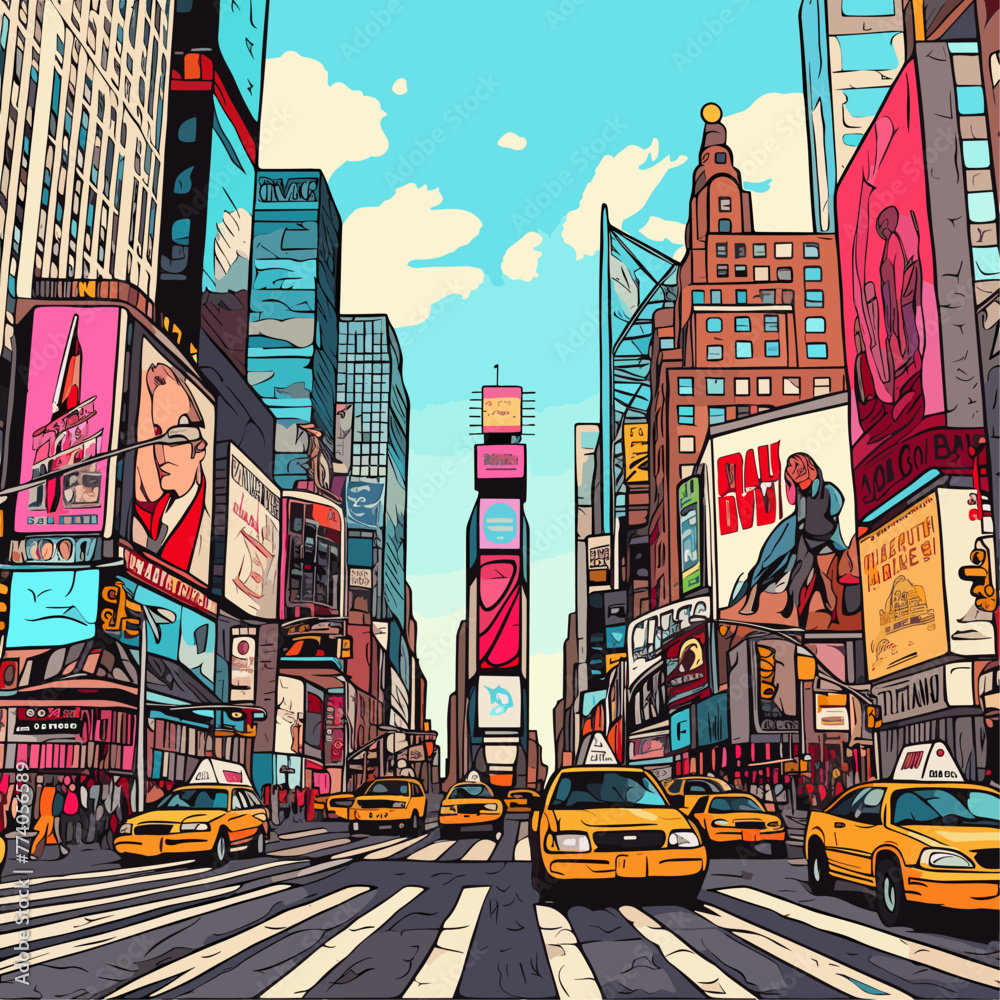 Times Square. Times Square hand-drawn comic illustration. Vector doodle ...