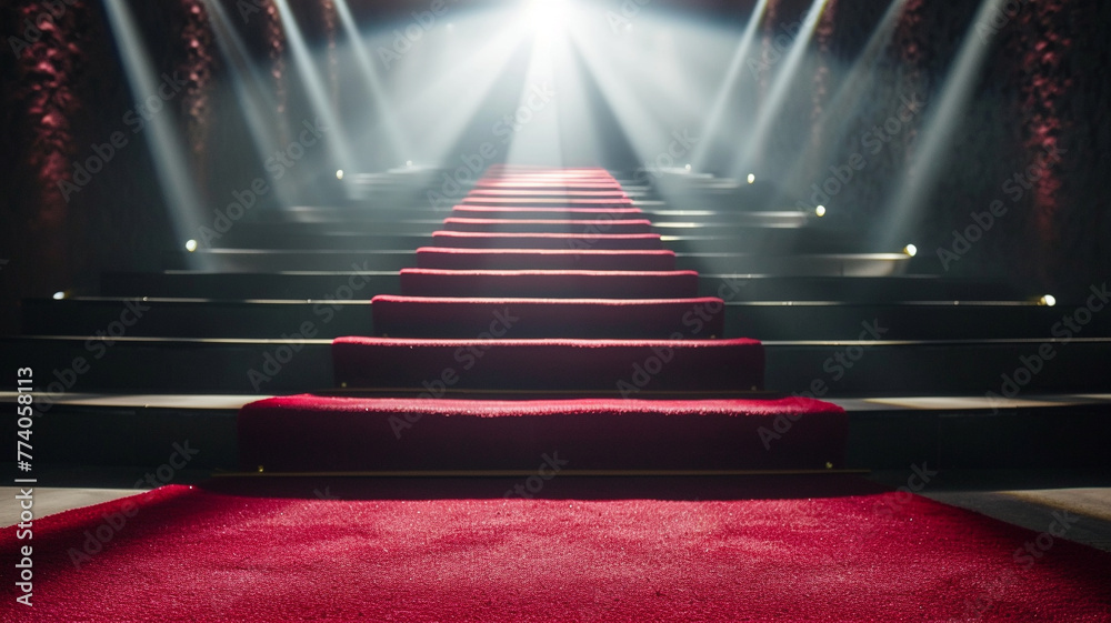 A red carpet stage with maroon velvet steps under a bright spotlight ...