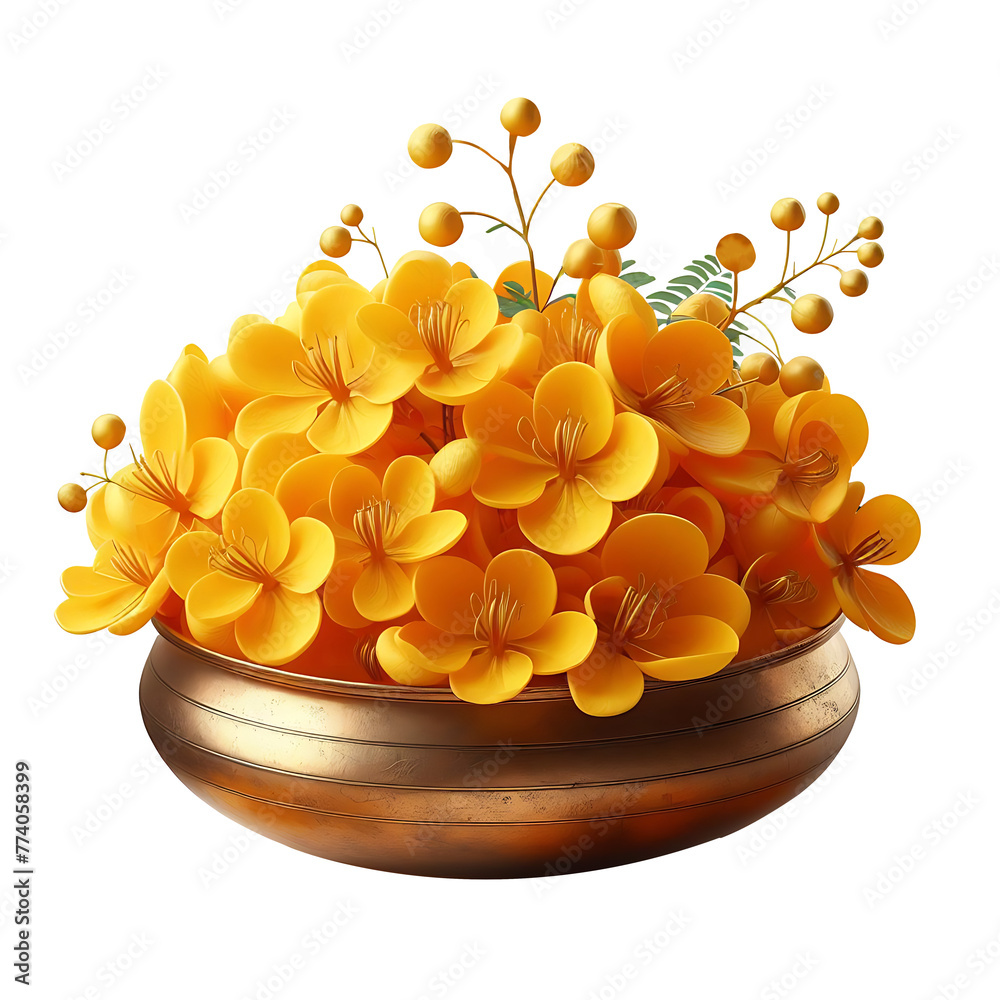 Vase with yellow flowers, cassia fistule flower kani konna flower ...
