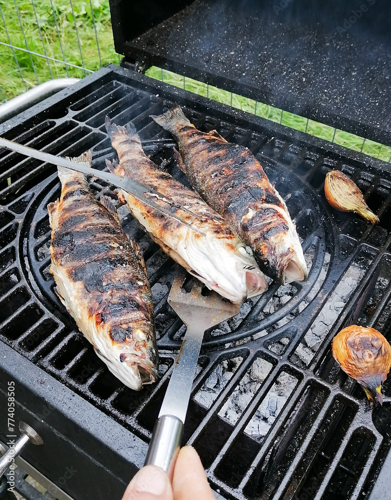 Man hand turning trout fish on the grill cooking over hot wood fire ...