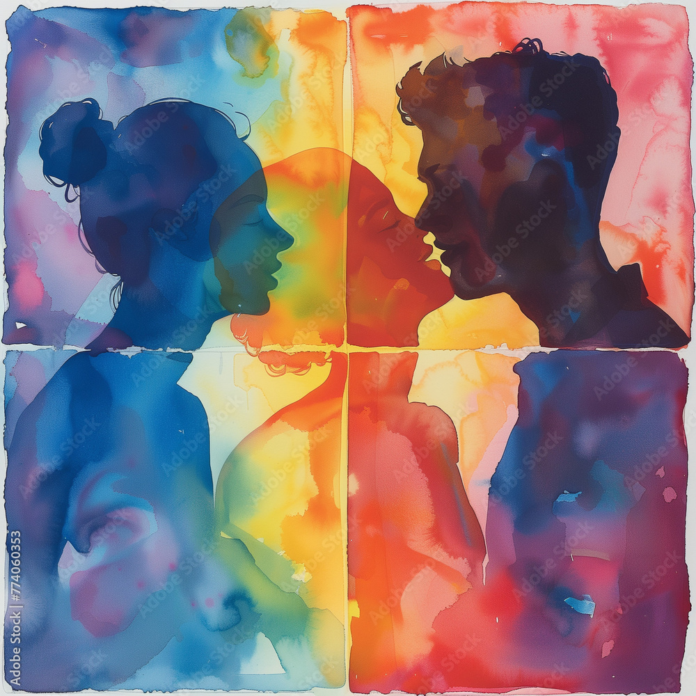 Watercolor painting of a couple with a faint third silhouette ...