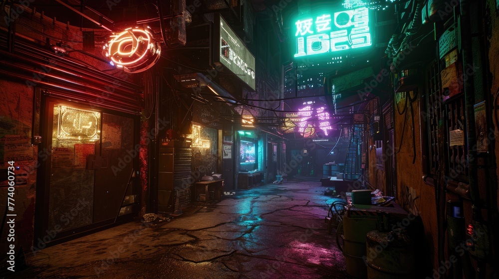 Neon-lit cyberpunk alley with futuristic elements, Futuristic cyberpunk ...