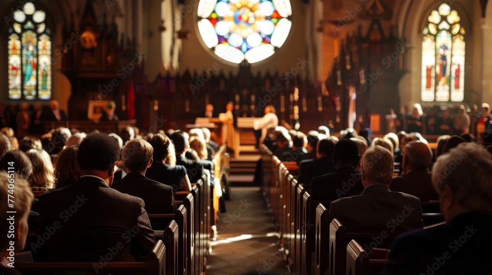 Elegant church interior with congregation seated for a ceremony ...