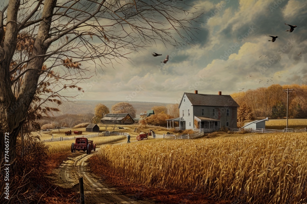 Rustic farming scene with farmers harvesting crops in a rural setting ...