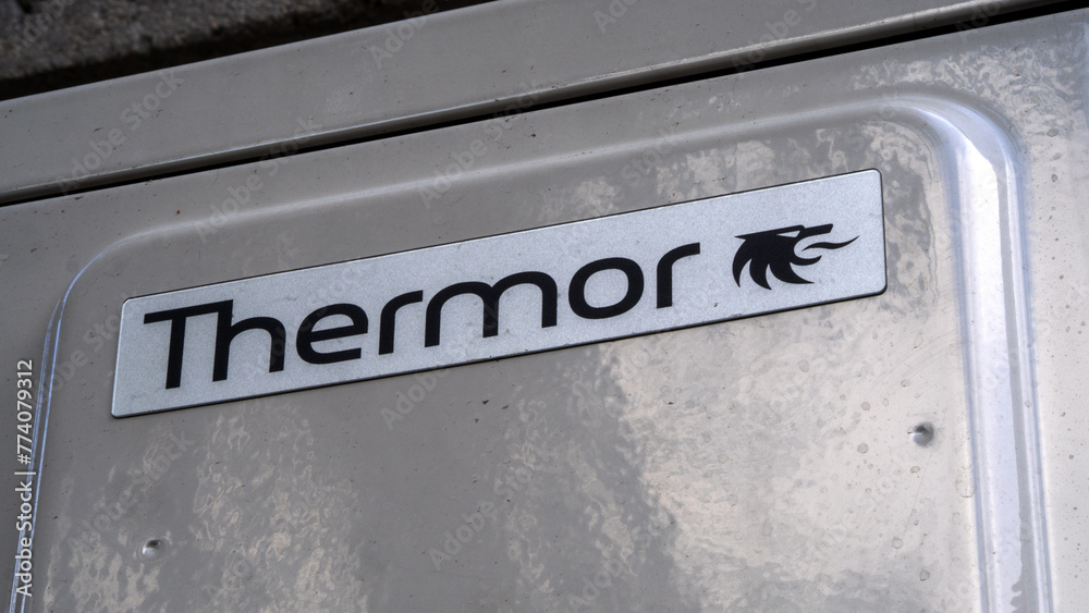 April 2024, logo of Thermor on a heat pump. Stock Photo | Adobe Stock