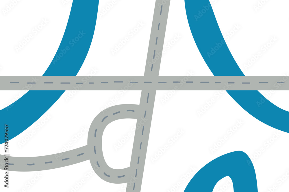 Flat empty map with roads and rivers on white background. Vector scheme ...