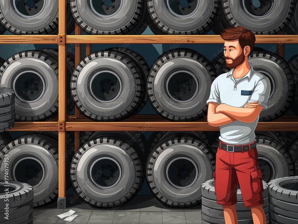Cartoon man standing beside stacked tires in warehouse, inventory of ...