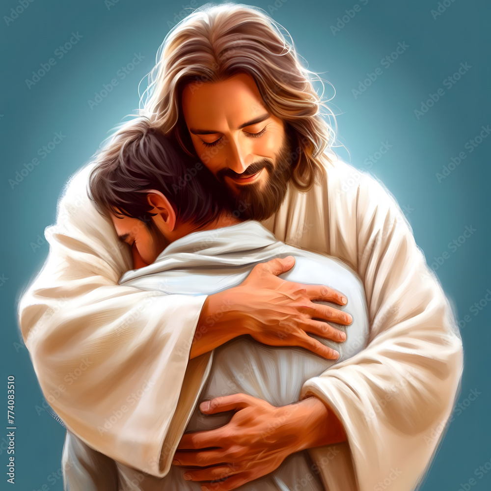 Jesus hugs and welcoming man in heaven with love Stock Illustration ...