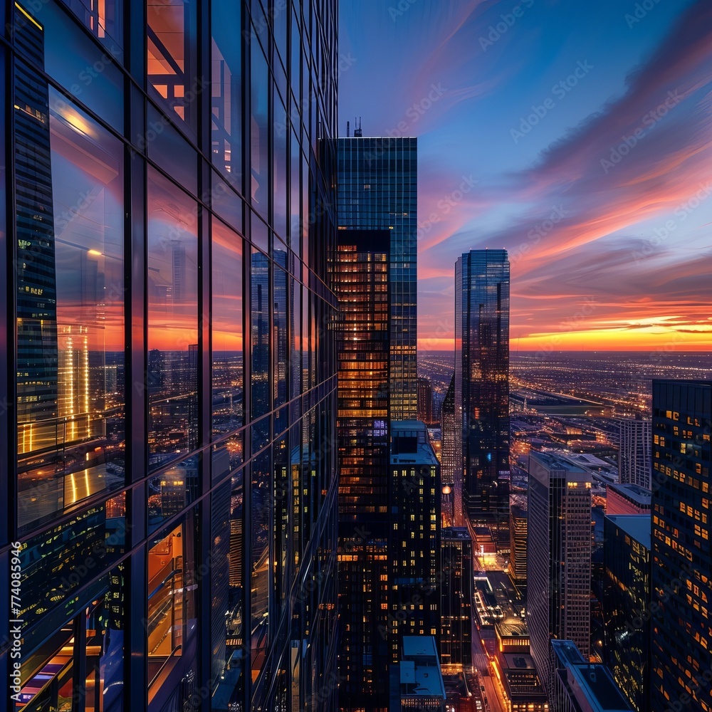 High-rise buildings, cityscape, modern architecture, sunset sky, urban ...
