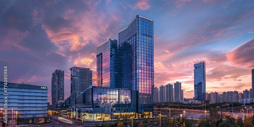 High-rise buildings, cityscape, modern architecture, sunset sky, urban ...