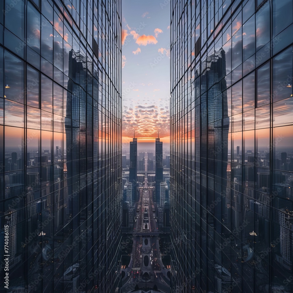 High-rise buildings, cityscape, modern architecture, sunset sky, urban ...