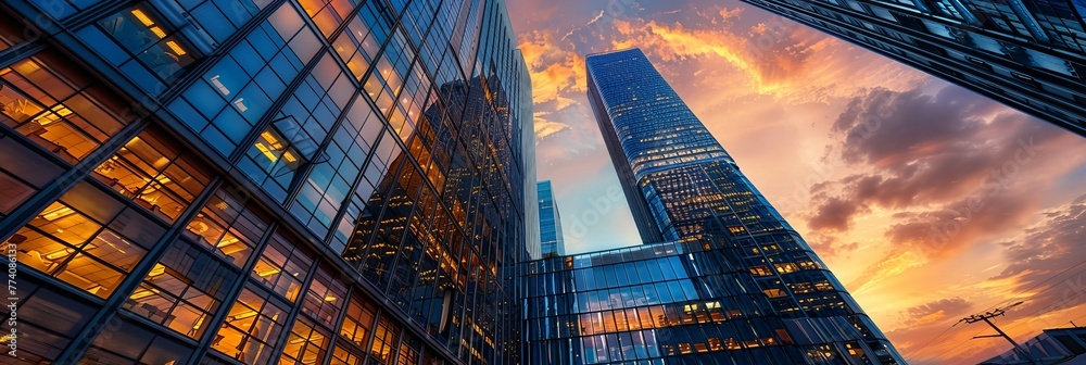 High-rise buildings, cityscape, modern architecture, sunset sky, urban ...