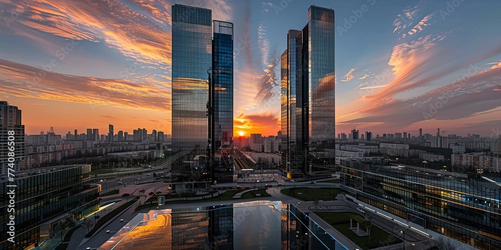 High-rise buildings, cityscape, modern architecture, sunset sky, urban ...
