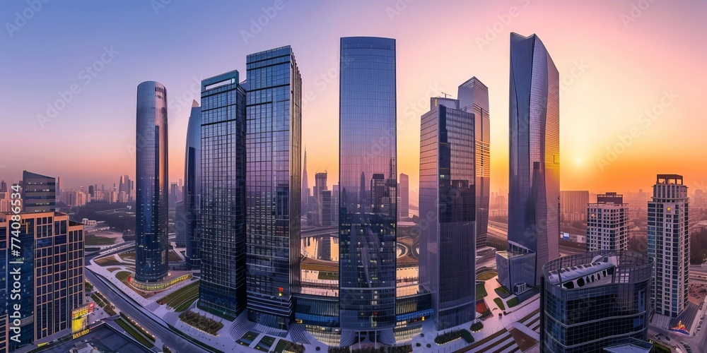 High-rise buildings, cityscape, modern architecture, sunset sky, urban ...