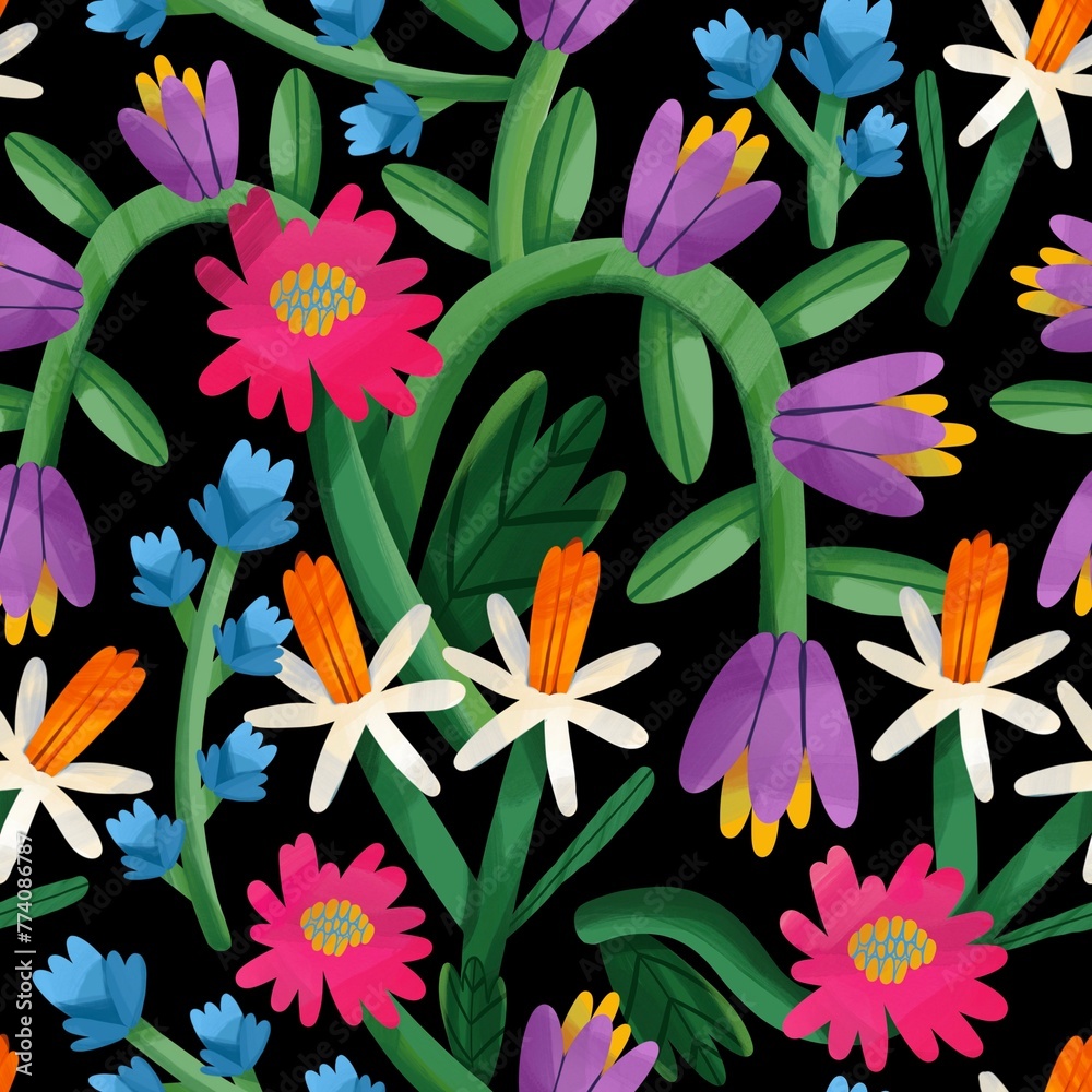 Various colorful flowers, leaves. Hand drawn floral illustration. Square seamless Pattern ...