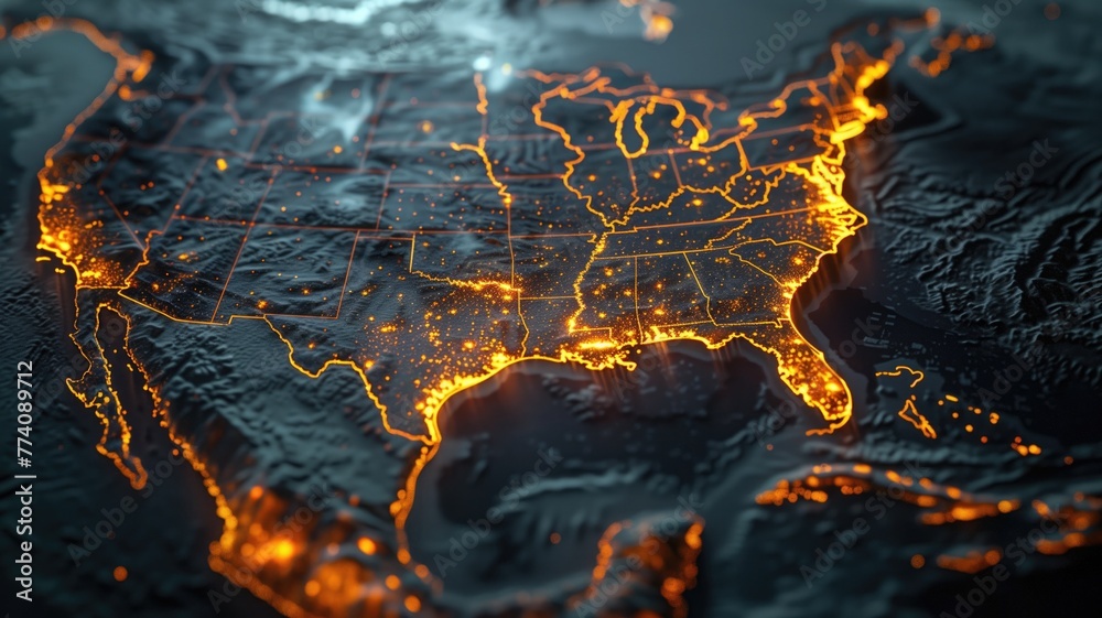 dark earth map with luminous features of urban regions and places with ...