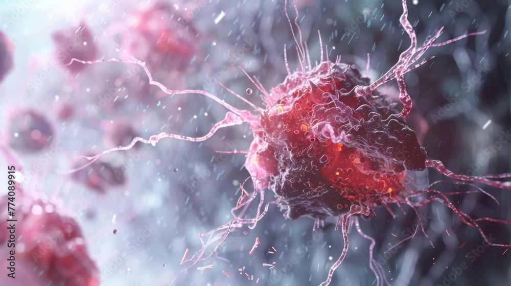 3D illustration of a cancer cell in a dynamic environment, representing ...