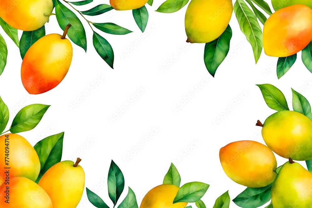 Overlay banner of mangoes and leaves floral border frame, watercolor ...
