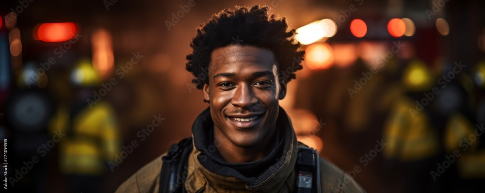 Portrait of handsome afro fireman wearing firefighter suit for safety ...