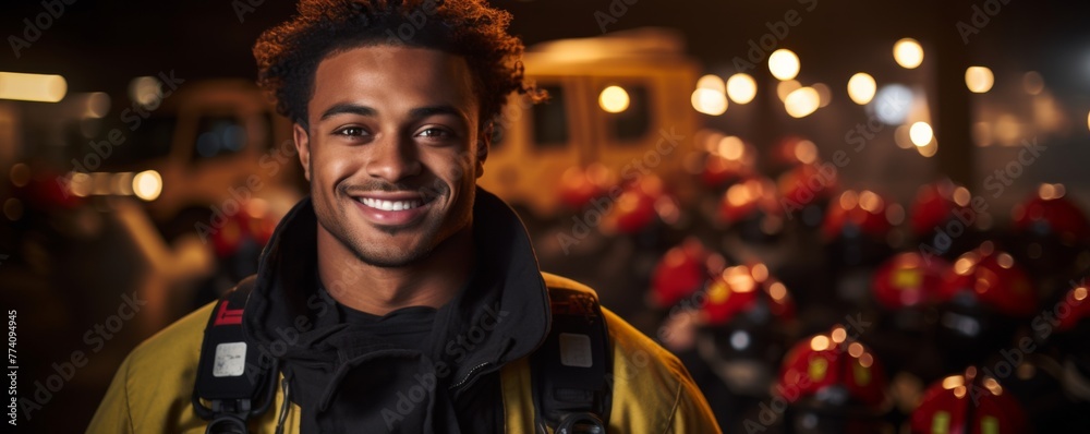 Portrait of handsome afro fireman wearing firefighter suit for safety ...