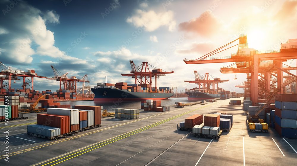 Crane loading cargo container import container ship in the ...