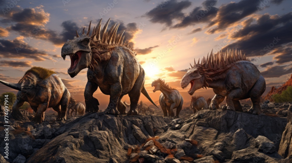 Cenozoic Era, Dinosaurs and birds in nature at sunset. Jurassic World ...