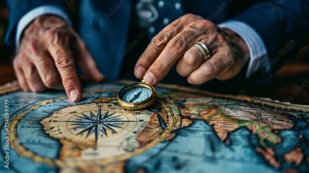 Navigating with compass on vintage world map, exploration and travel ...