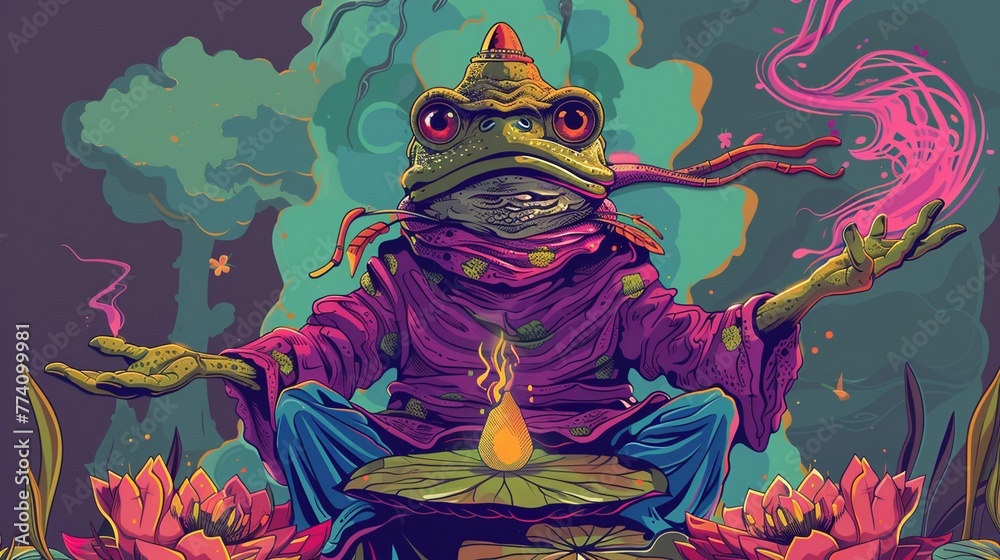Mystical wizard frog casting spells, atop a lilypad throne In style of ...