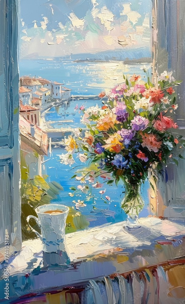 Un gran ramo de floreen una ventana, y delante hay una taza vacía con ...