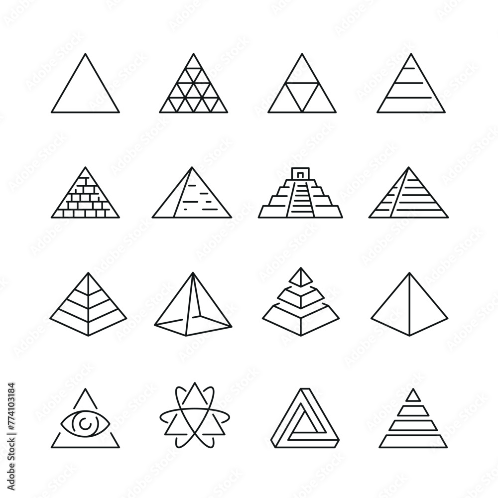 Vector line set of icons related with pyramid. Simple outline sign ...