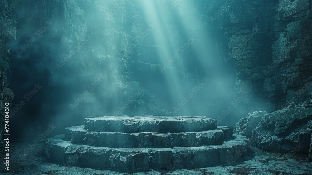 Mysterious stone dais amidst a misty ancient cavern, bathed in ...