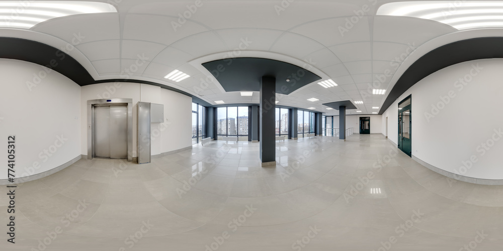 hdri 360 panorama view in empty modern hall with columns, doors and ...