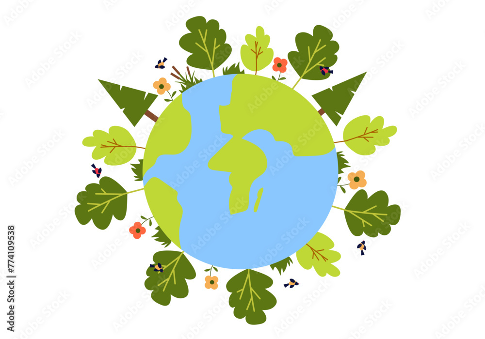 World earth day concept, planet with flowers and trees around. Save the ...