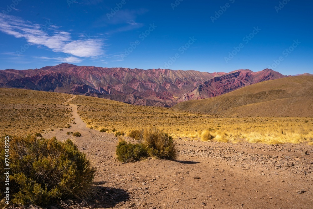 Road leading to the Seven Colors Hill in the village of Purmamarca ...