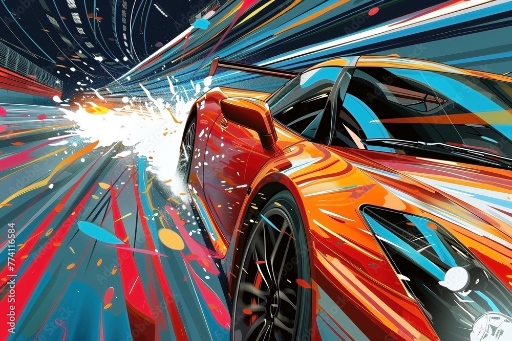 Exhilarating cartoon showcasing a high-velocity supercar race. The ...